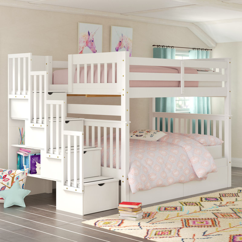 Tena Solid Wood Standard Bunk Beds with Stairway 2 Under Bed Drawers Full over Full White